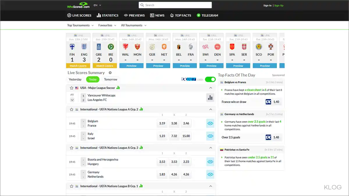 후스코어드 닷컴 홈페이지 바로가기(www.whoscored.com)